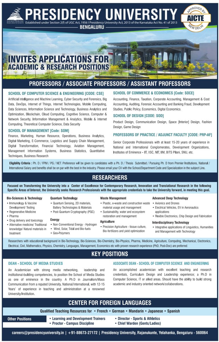 Presidency University, Bengaluru Wanted Teaching and Non-Teaching Faculty | FacultyPlus