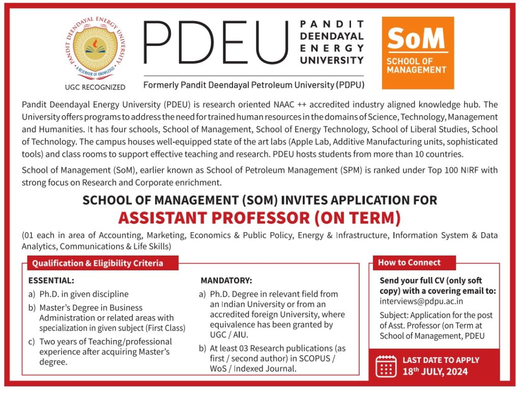Pandit Deendayal Energy University, Gujarat Wanted Assistant Professor | FacultyPlus