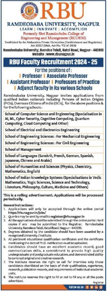 Ramdeobaba University (RBU) , Nagpur Wanted Professor/ Associate Professor/ Assistant Professor ...