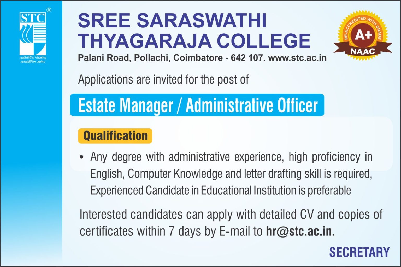 Sree Saraswathi Thyagaraja College, Pollachi Wanted Estate Manager ...