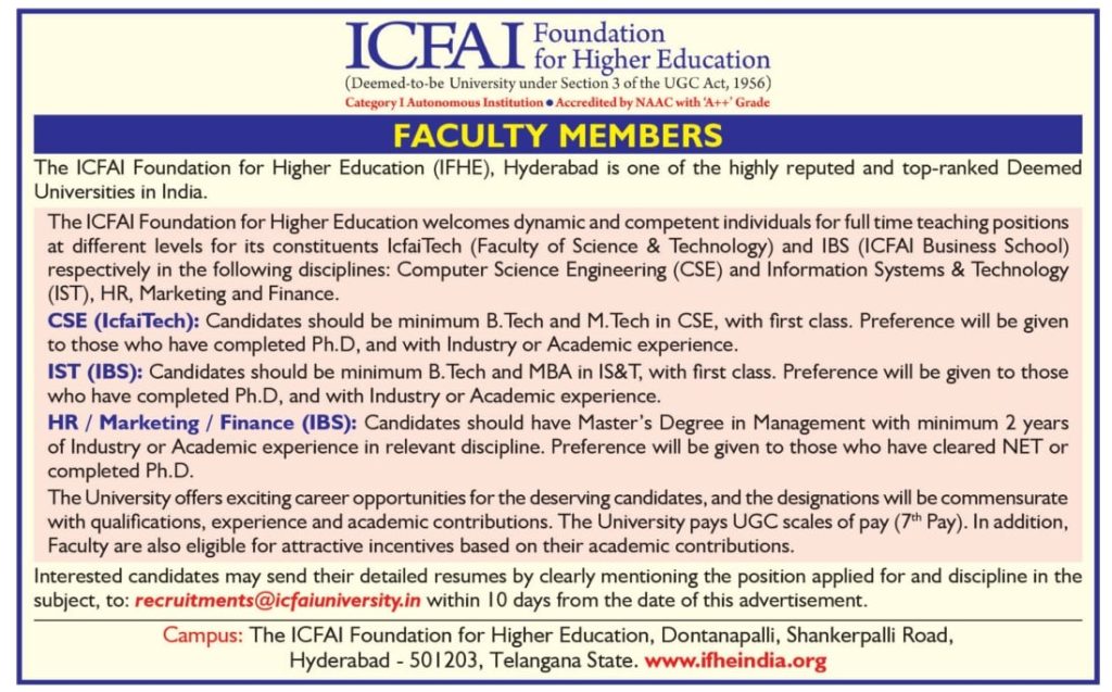 ICFAI Foundation for Higher Education, Hyderabad- Faculty Recruitment | FacultyPlus