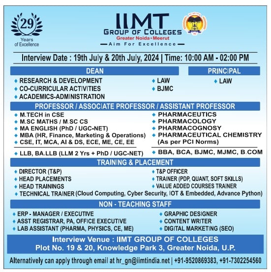 IIMT Group of Colleges, Greater Noida Wanted Teaching and Non-Teaching ...