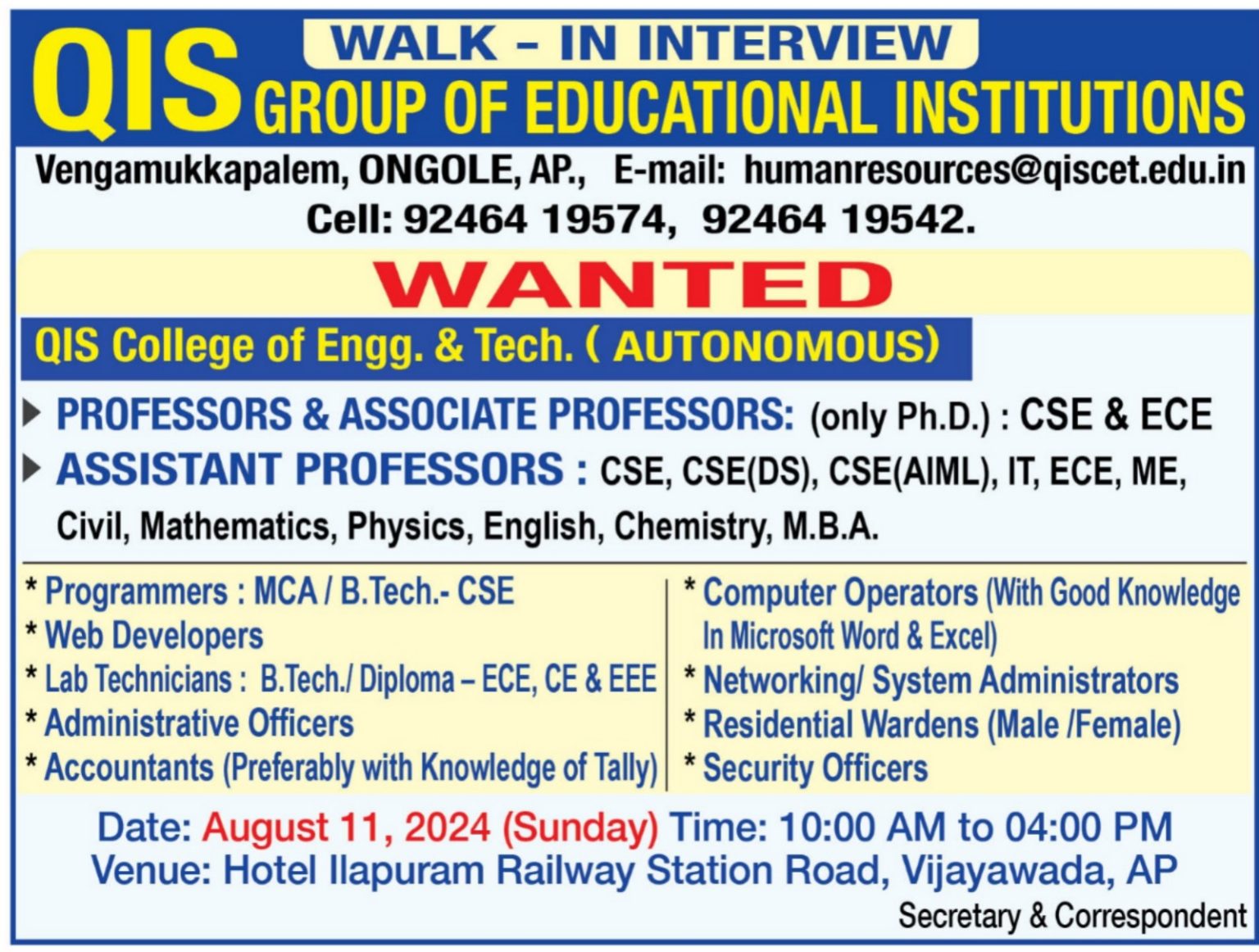 QIS College of Engineering and Technology, Ongole Wanted Faculty and Non-Teaching | FacultyPlus