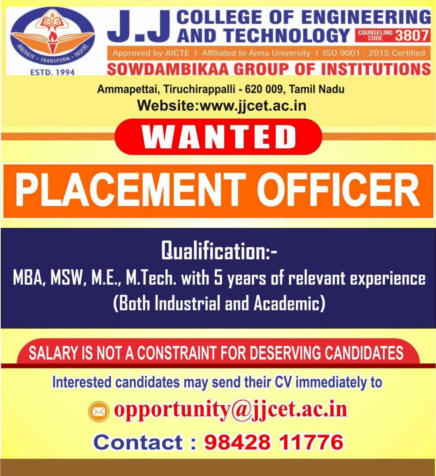 J.J College Of Engineering And Technology, Trichy Wanted Placement Officer | FacultyPlus