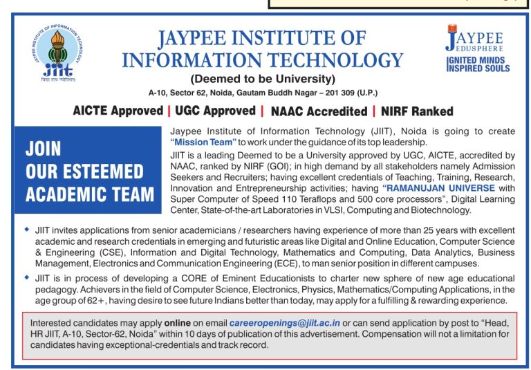 Faculty Positions 2024 at Jaypee Institute of Information Technology (Deemed to be University ...