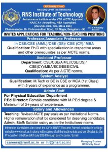 RNS Institute of Technology, Bengaluru wanted Teaching Faculty ...