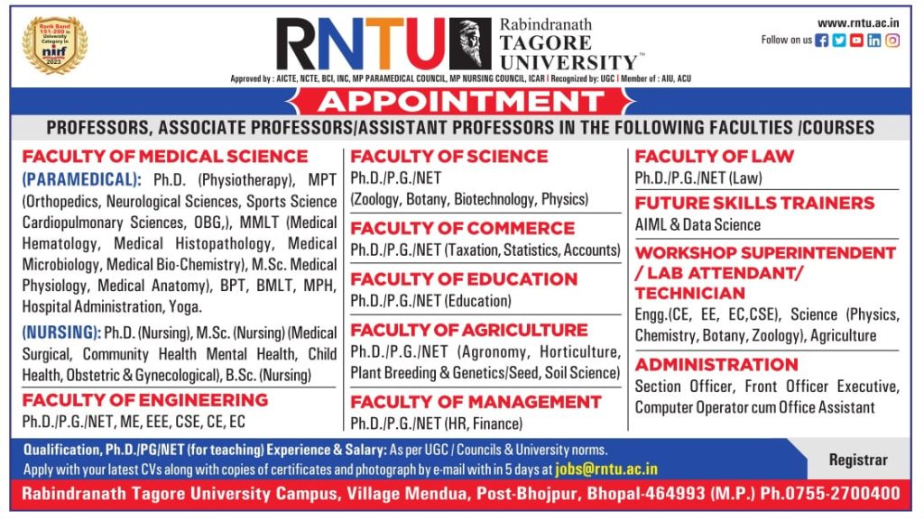 Teaching and Non-Teaching Jobs- Rabindranath Tagore University, Bhopal | FacultyPlus