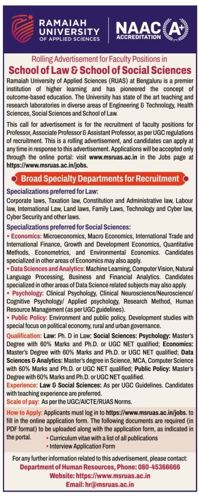 Ramaiah University of Applied Sciences, Bengaluru Wanted Professor/ Associate Professor ...