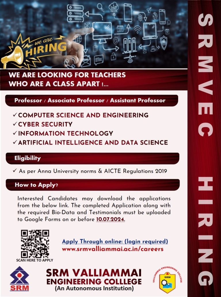 Faculty Recruitment 2024 at SRM Valliammai Engineering College, Chennai ... Faculty Recruitment 2024 at SRM Valliammai Engineering College, Chennai ...