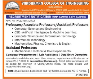Vardhaman College of Engineering, Hyderabad, Wanted Professor/ Associate Professor/ Assistant ...
