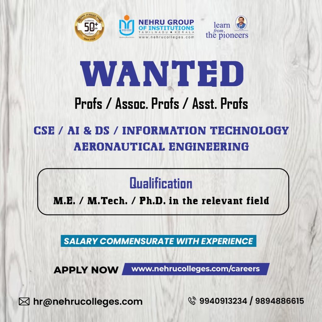 Faculty Recruitment 2024 at Nehru Group of Institutions, Coimbatore | FacultyPlus