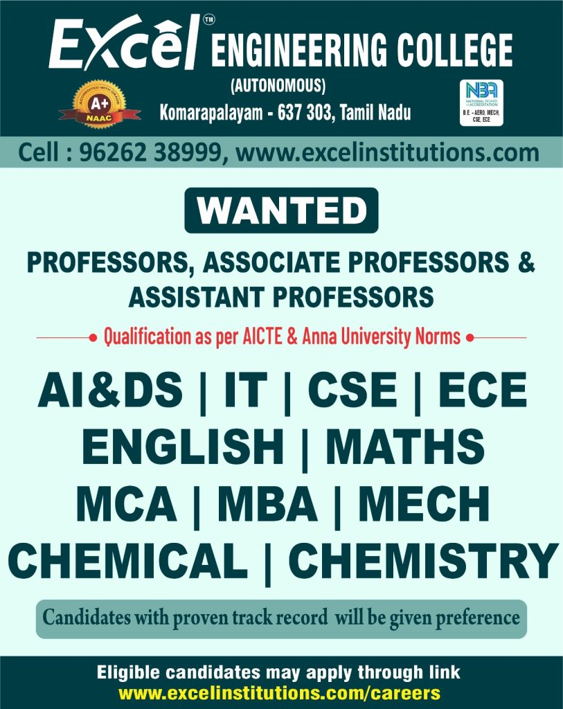 Excel Engineering College (Autonomous), Namakkal Wanted Professor/Associate Professor/Assistant ...