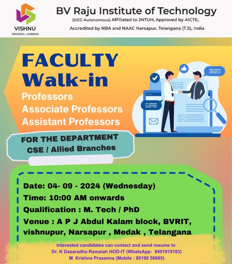 Faculty Openings 2024 at B V Raju Institute of Technology , Narsapur, Telangana | FacultyPlus