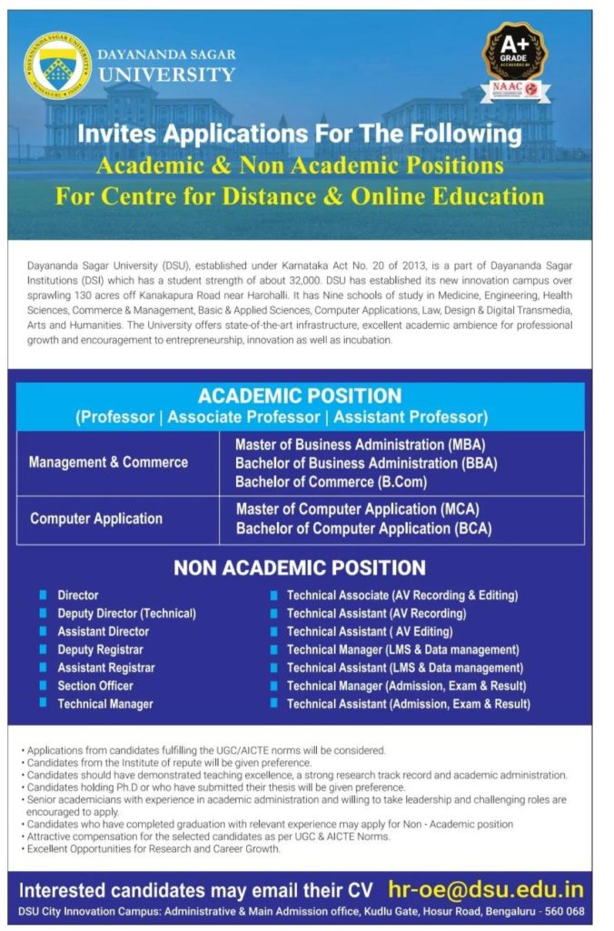 Dayananda Sagar University, Bangalore Wanted Academic and Non Academic Faculty | FacultyPlus
