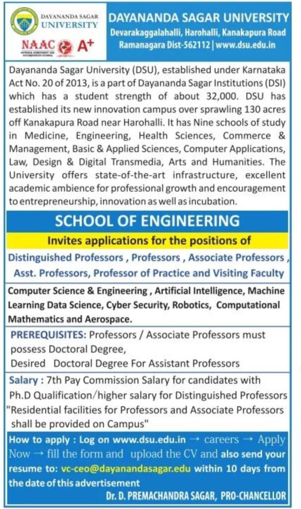 Dayananda Sagar University, Bangalore Wanted Teaching Faculty | FacultyPlus