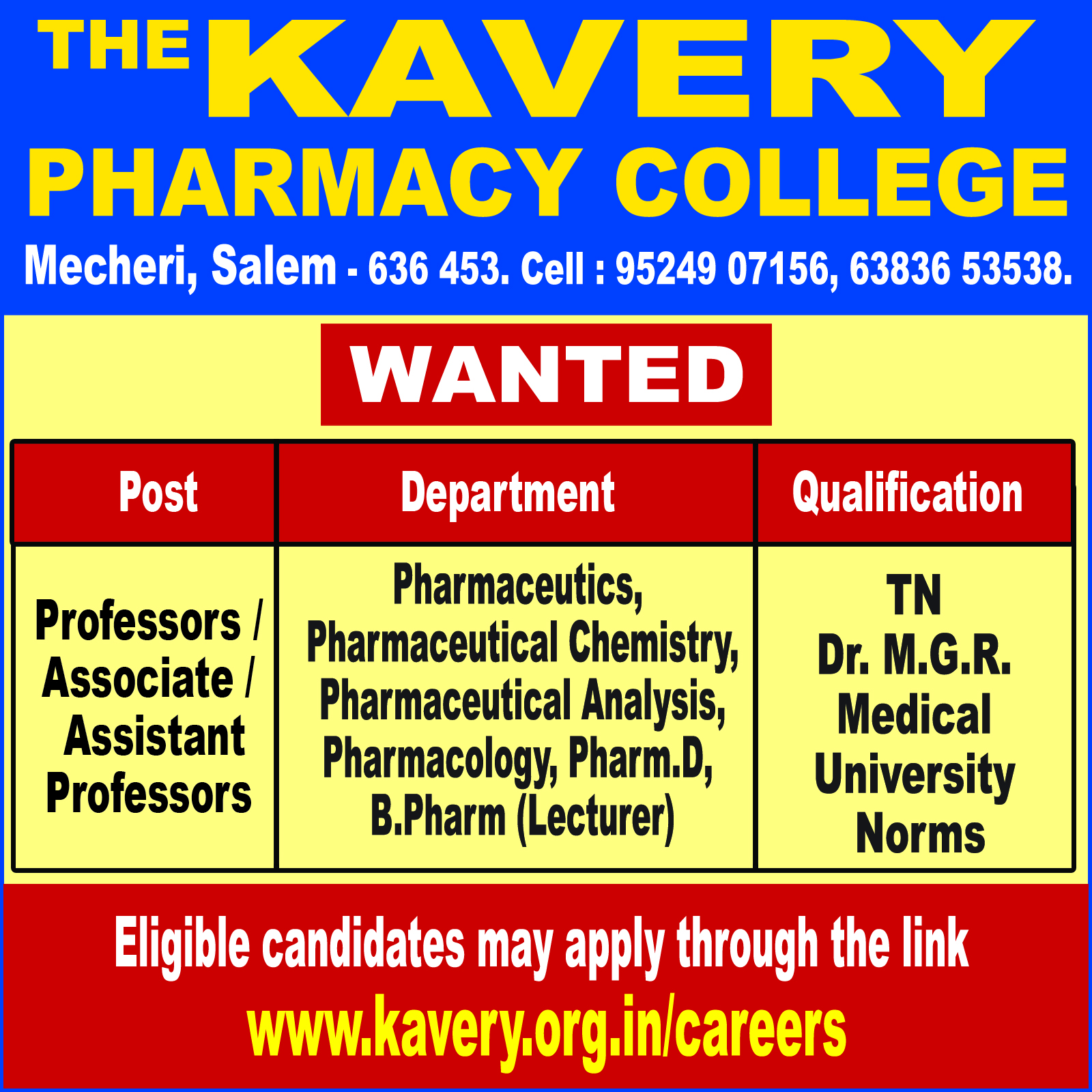 Teaching Jobs at The Kavery Pharmacy College, Salem | FacultyPlus
