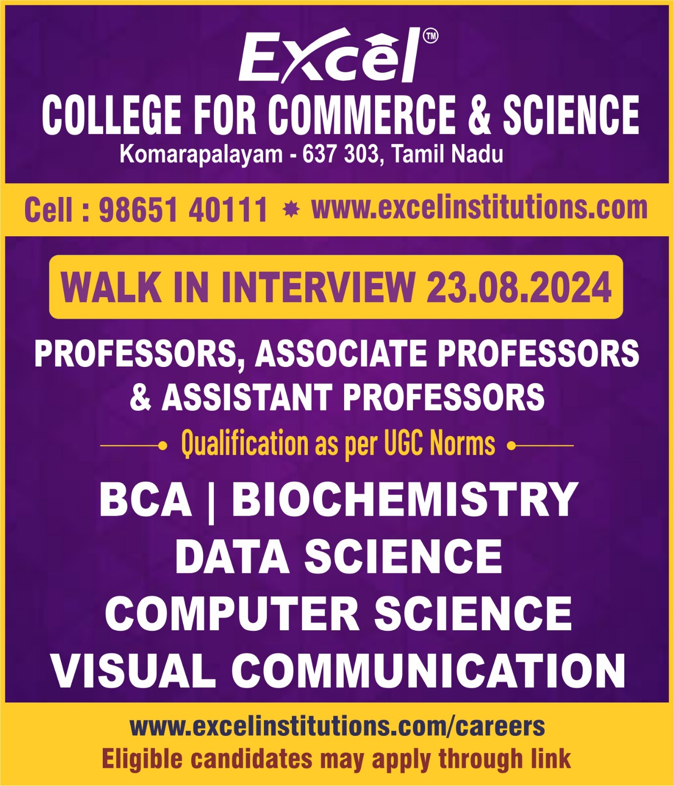 Faculty Recruitment at Excel College for Commerce and Science, Komarapalayam | FacultyPlus