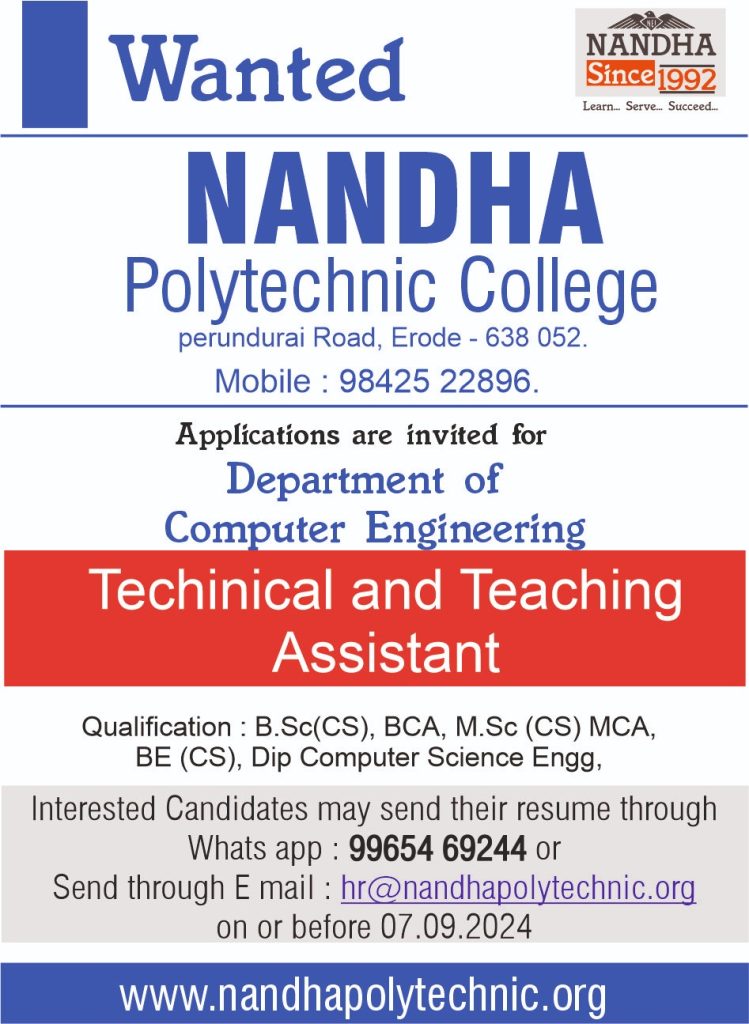 NANDHA Polytechnic College, Perundurai Wanted Teaching Assistant and Technical Assistant ...