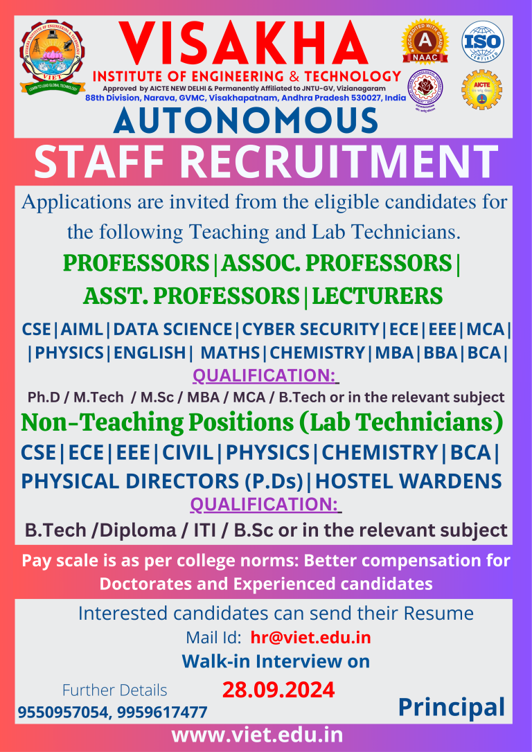 Visakha Institute of Engineering& Technology, Visakhapatnam Wanted Faculty & Non-Teaching ...