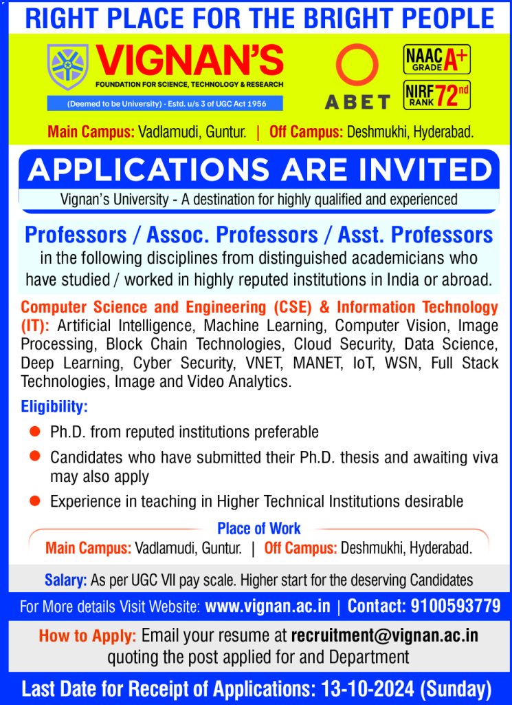 Faculty Openings 2024 at Vignan’s Foundation for Science, Technology ...