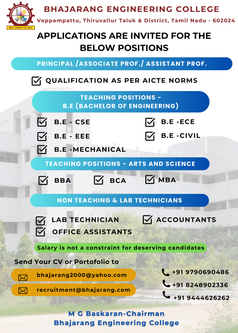 Bhajarang Engineering College, Thiruvallur – Faculty job Openings 2024 | FacultyPlus