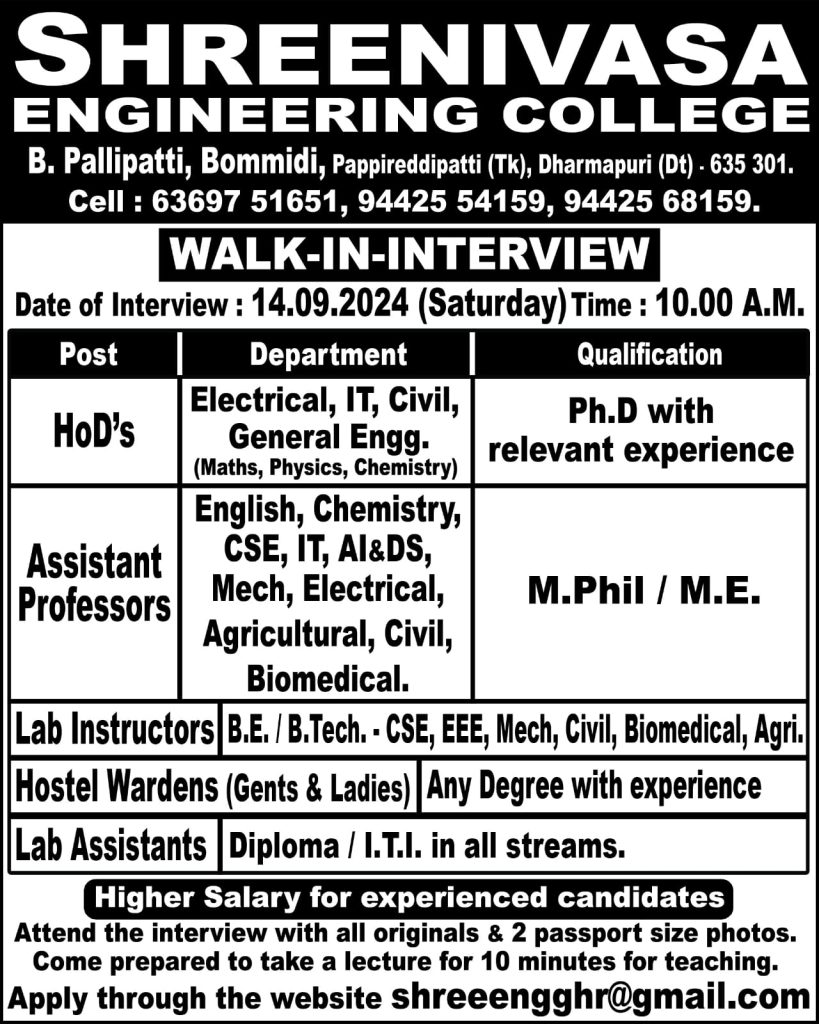 Faculty Openings 2024 at Shreenivasa Engineering College, Dharmapuri ...