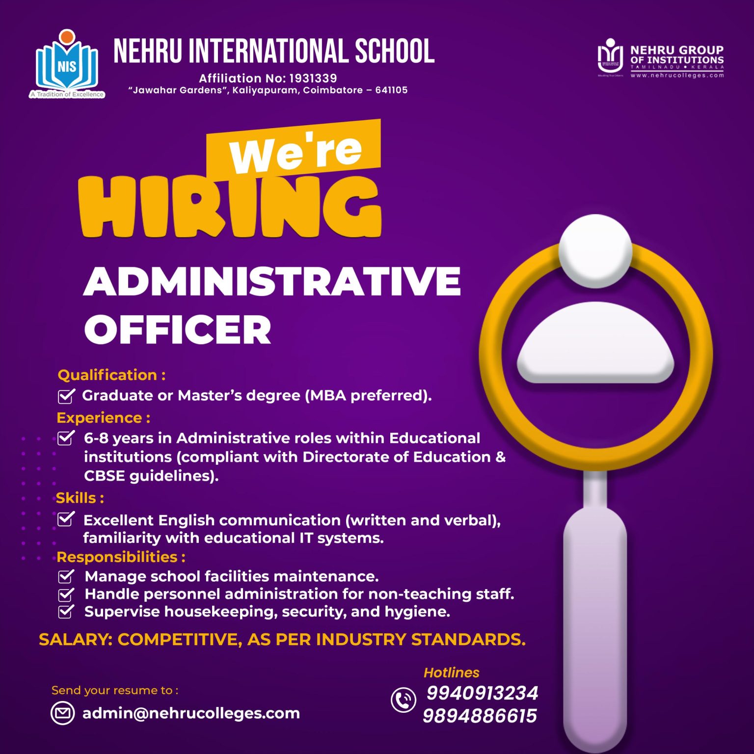 Nehru International School, Coimbatore Wanted Administrative Officer | FacultyPlus