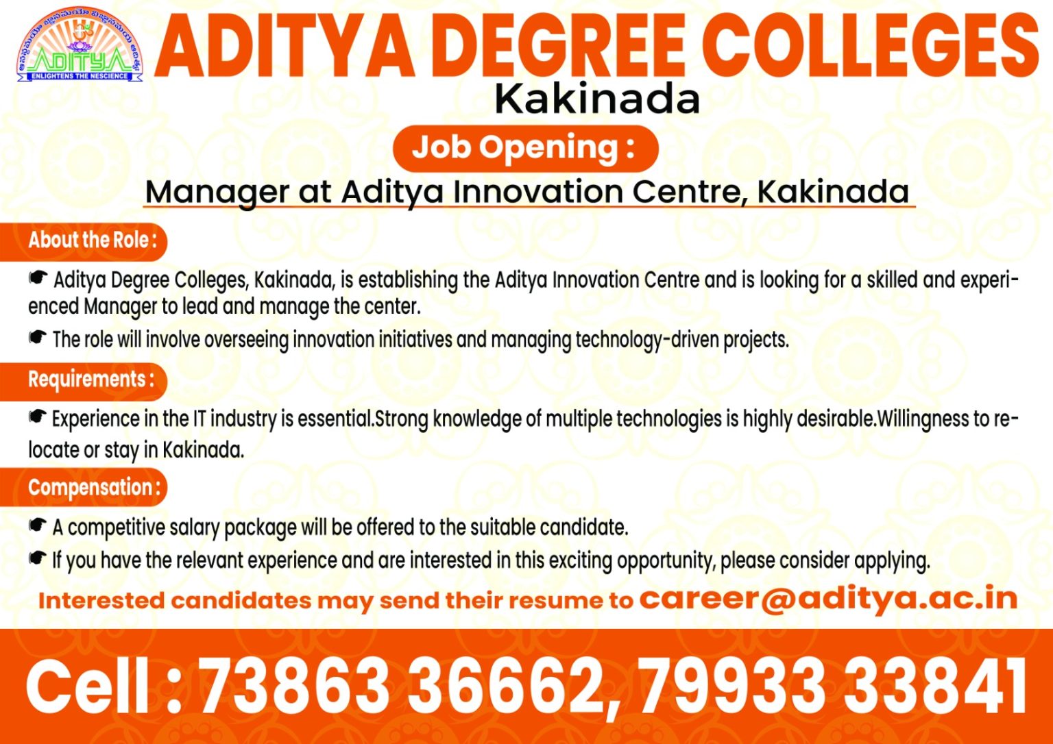 Aditya Degree Colleges, Kakinada wanted Manager at Aditya Innovation Centre, Kakinada | FacultyPlus