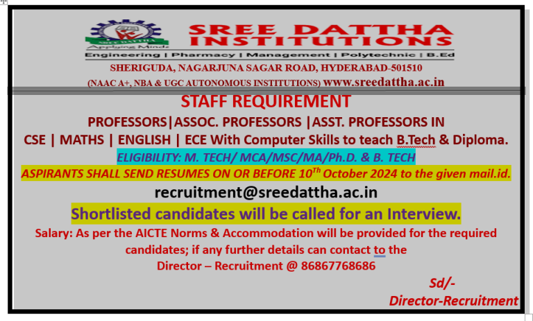 Sree Dattha Engineering Institutions, Hyderabad Faculty Openings ...