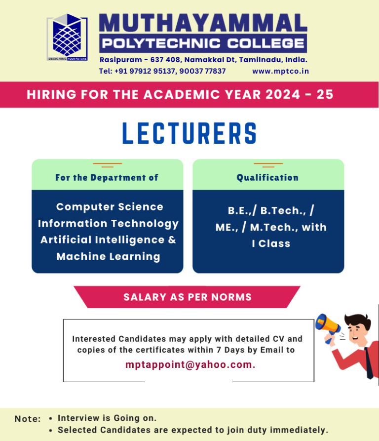 Muthayammal Polytechnic College, Rasipuram Wanted Lecturers | FacultyPlus
