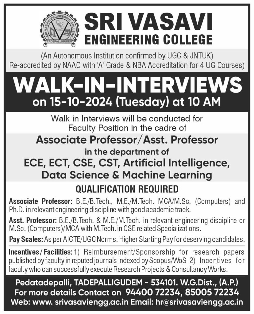 Sri Vasavi Engineering College, Tadepalligudem Wanted Associate Professor / Assistant Professor ...