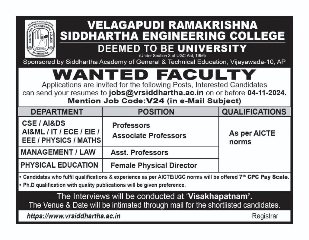 Faculty Openings 2024 at Velagapudi Ramakrishna Siddhartha Engineering College, Vijayawada ...