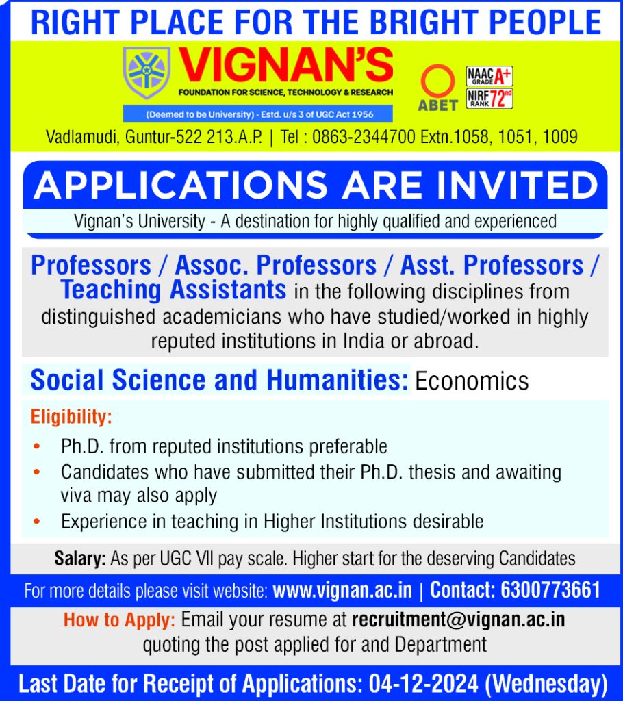 Vignan’s Foundation for Science, Technology & Research Wanted Faculty | FacultyPlus