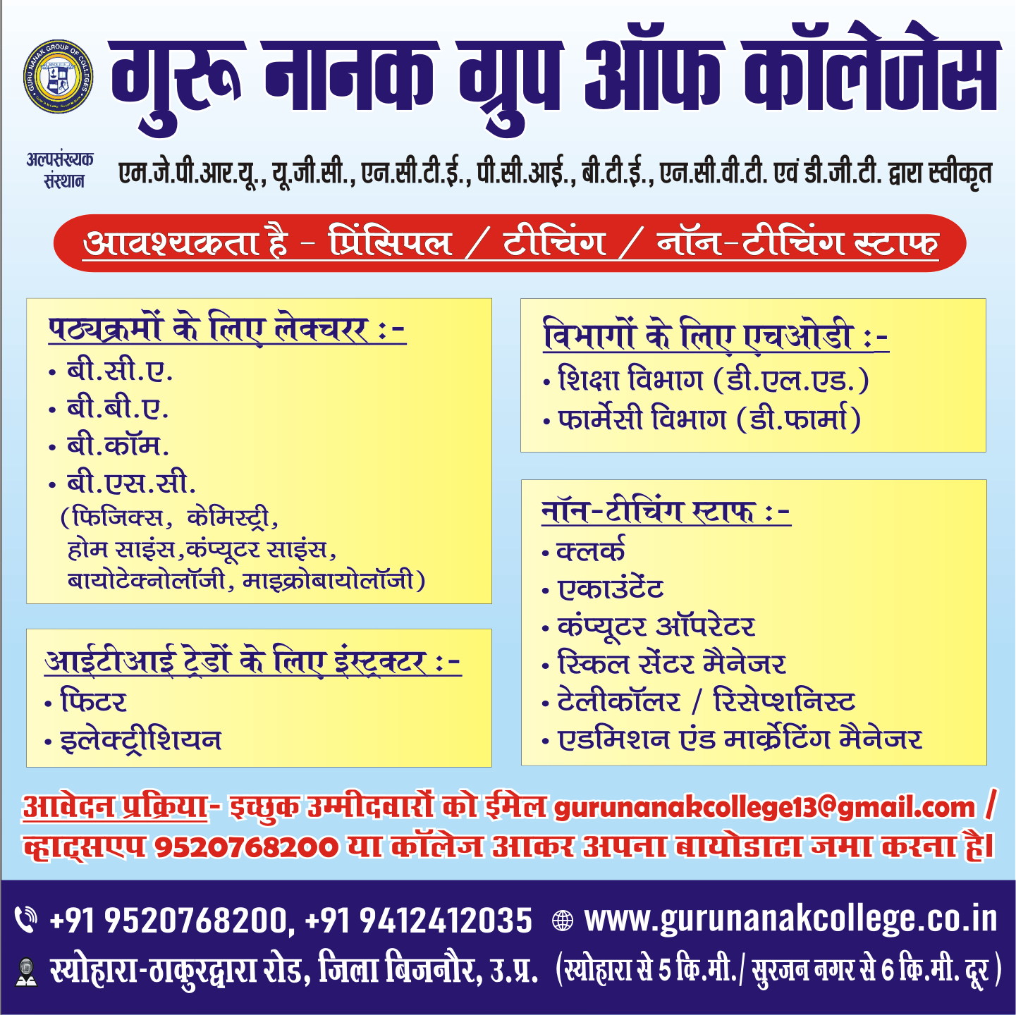Guru Nanak Group of Colleges, Seohara, District Bijnor, U.P wanted Teaching and Non Teaching ...