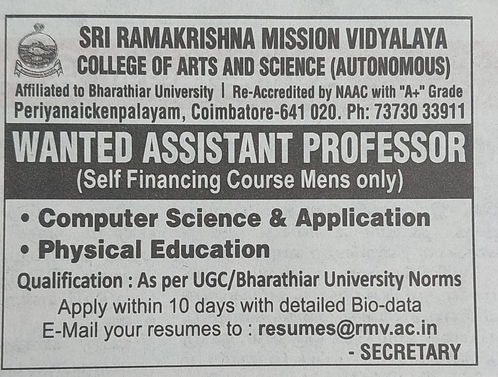 SRI RAMAKRISHNA MISSION VIDYALAYA COLLEGE OF ARTS AND SCIENCE, COIMBATORE WANTED ASSISTANT ...