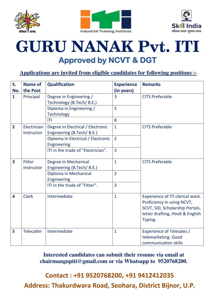 Guru Nanak Pvt.ITI, Bijnor Wanted Principal/Instructor/Non-Teaching | FacultyPlus