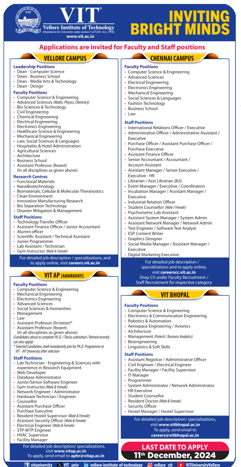 Faculty Recruitment 2024 at VIT for Vellore, Chennai, Amaravati, and Bhopal Campus | FacultyPlus