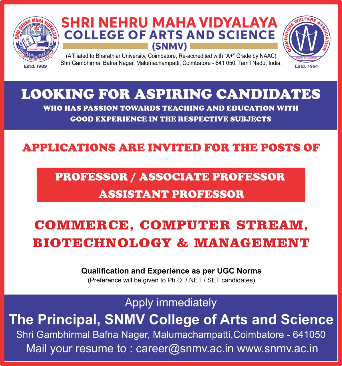 Shri Nehru Maha Vidayala College of Arts and Science College, Coimbatore wanted Professor ...