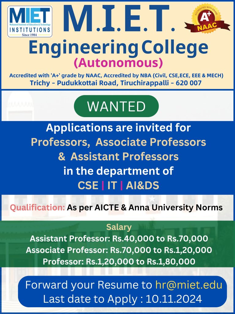 M.I.E.T. Engineering College (Autonomous), Tiruchirappalli Wanted Professor/Associate Professor ...
