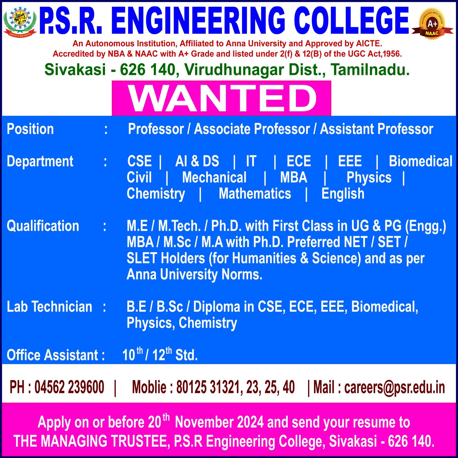 Faculty Openings 2024 at PSR Engineering College, Sivakasi | FacultyPlus