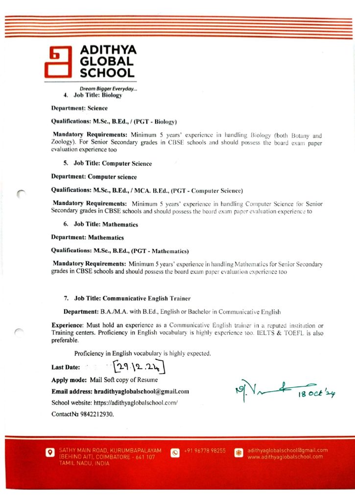 Adithya Global School, Coimbatore Wanted Teachers | FacultyPlus