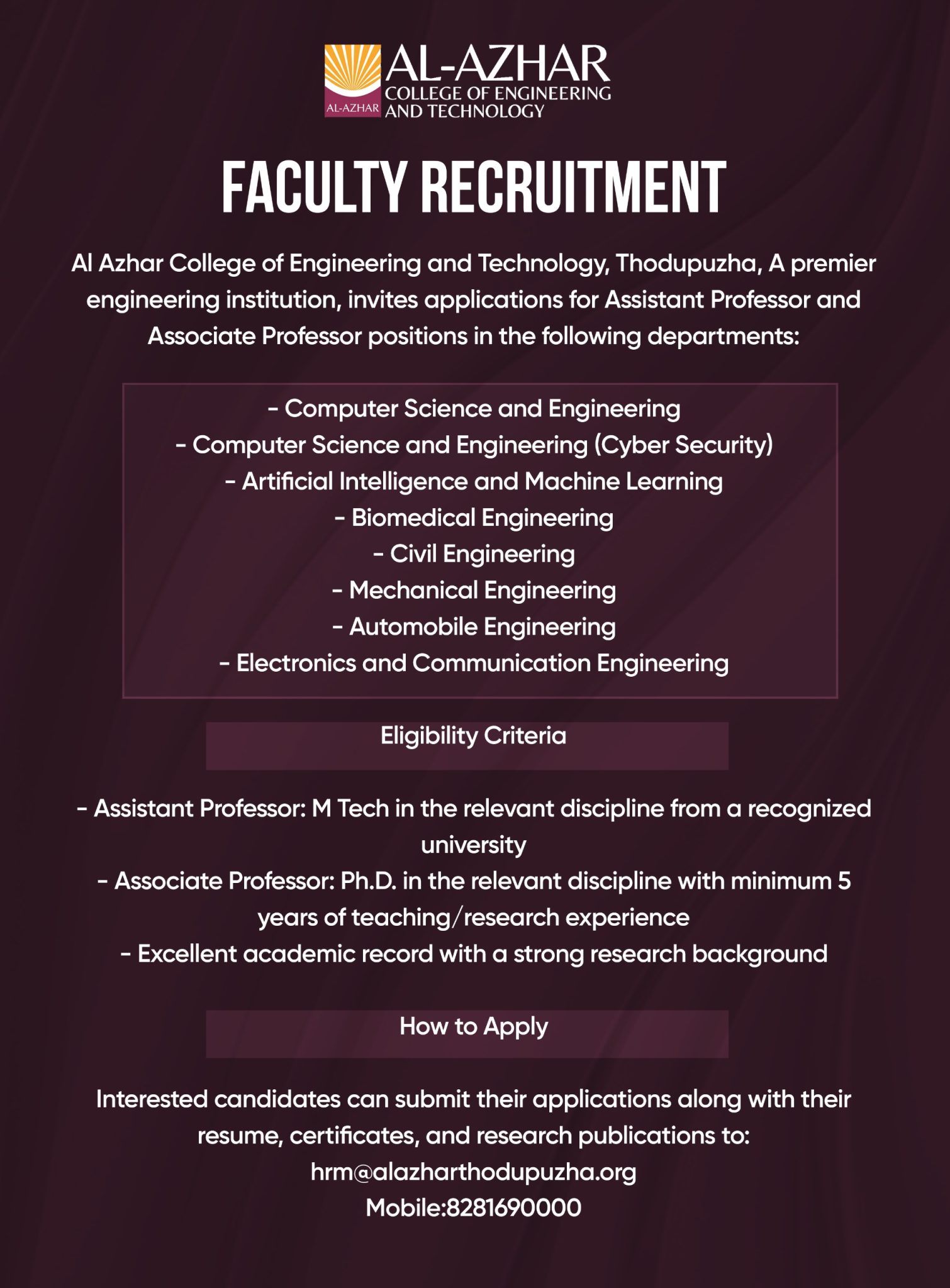 AL-AZHAR College of Engineering and Technology, Idukki wanted Teaching ...