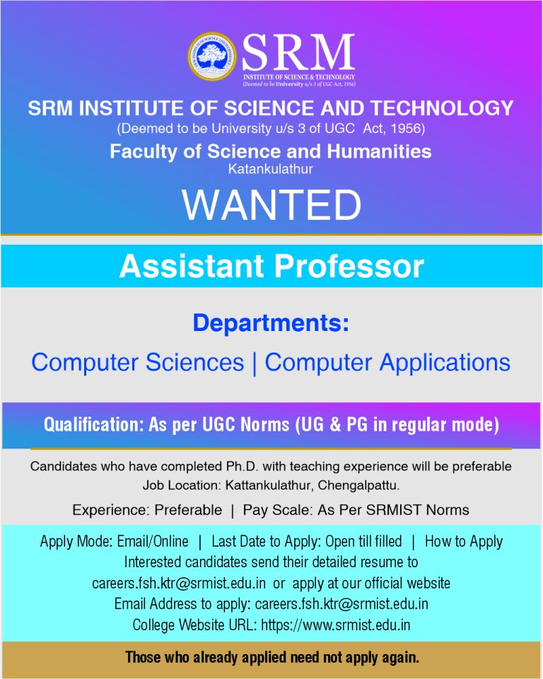 SRM Institute of Science and Technology(Deemed to be University), Kattankulathur- Assistant ...
