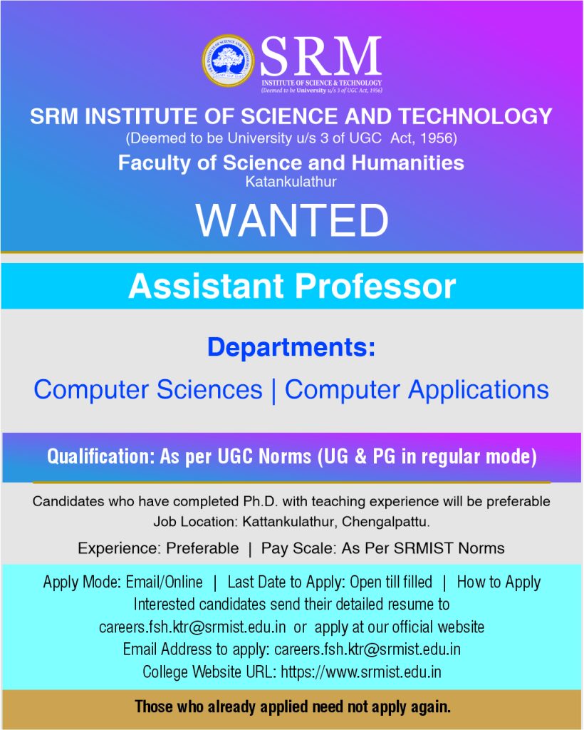 SRM Institute of Science and Technology(Deemed to be University), Kattankulathur- Assistant ...
