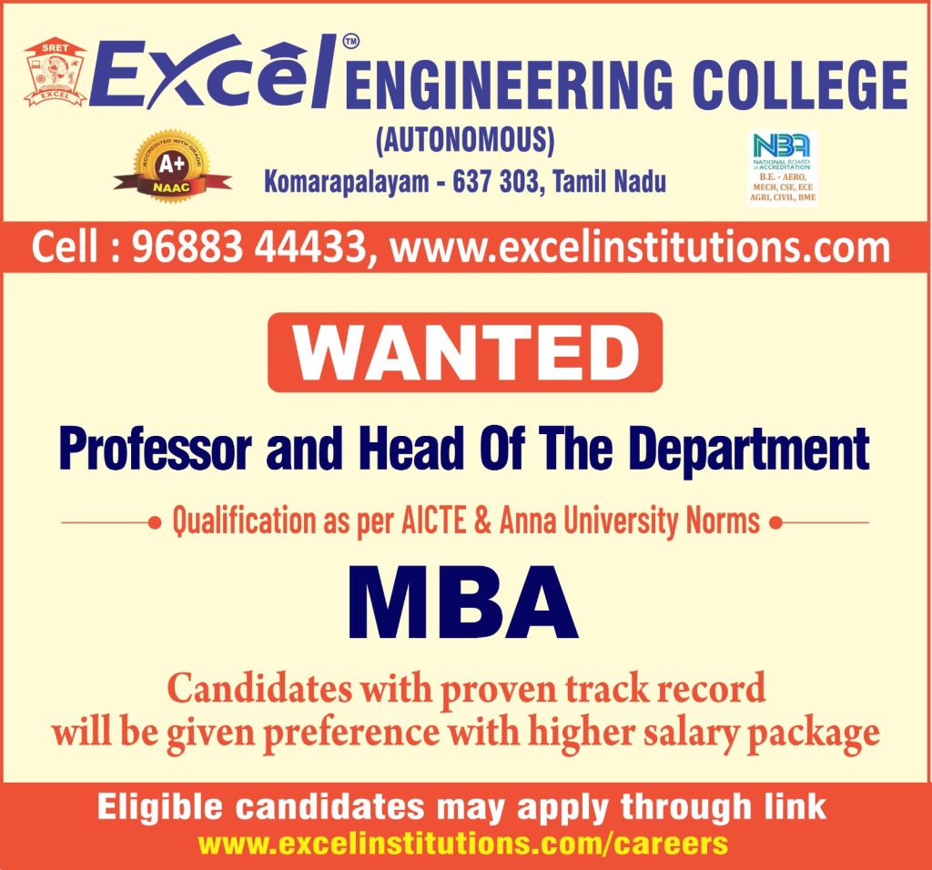 Excel Engineering College (Autonomous) Wanted Professor and HOD ...
