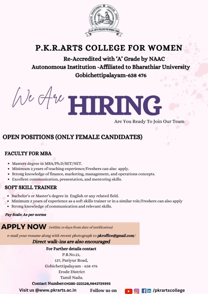 P.K.R. Arts College for Women (Autonomous), Gobichettipalayam Wanted Facult and Soft Skill ...