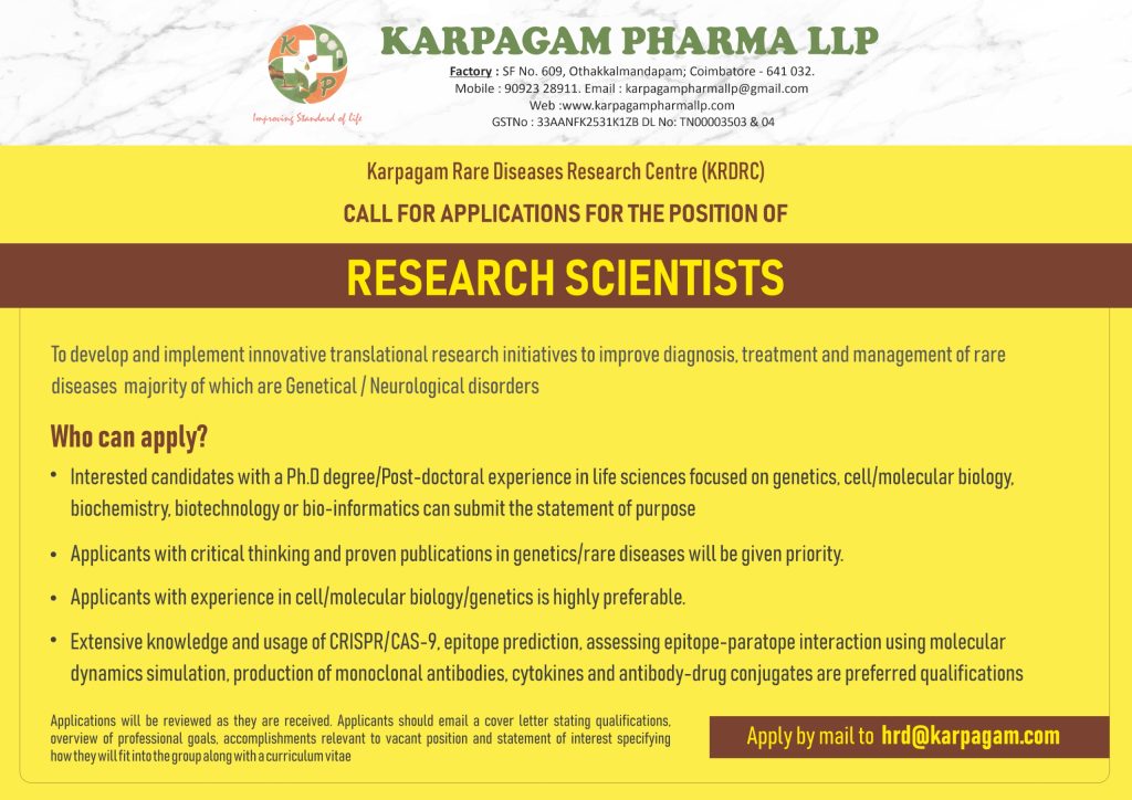 Karpagam Pharma LLP, Coimbatore Wanted Research Scientists | FacultyPlus
