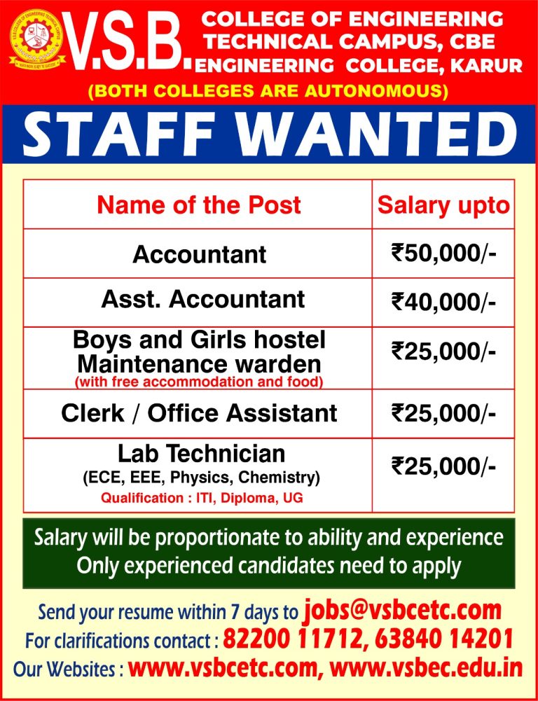 VSB College of Engineering Technical Campus Coimbatore and VSB Engineering College Karur Wanted ...