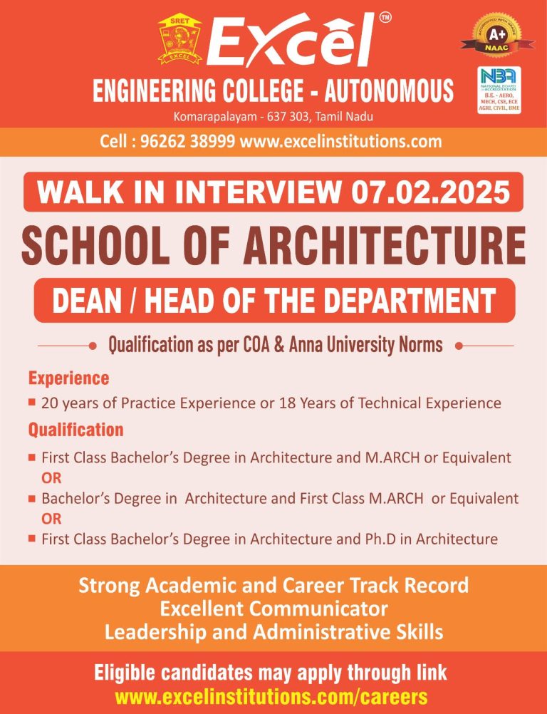 Excel Group of Institutions, Komarapalayam- Faculty Openings 2025 | FacultyPlus