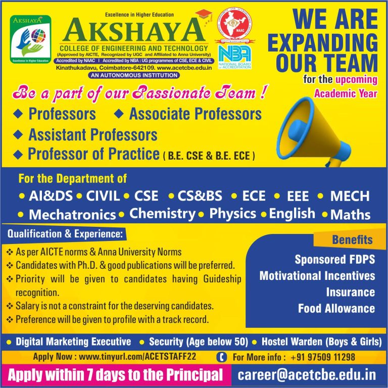 Faculty Openings 2025 at Akshaya College of Engineering and Technology (Autonomous), Coimbatore ...